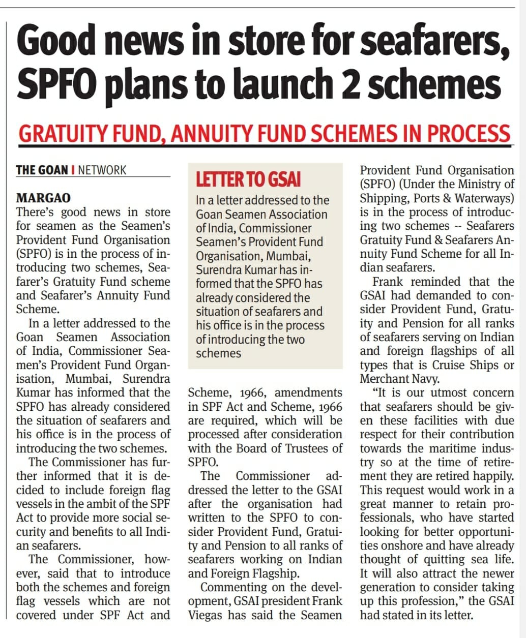 Good news in store for Seafarers, SPFO plans to launch 2 schemes - Goan ...
